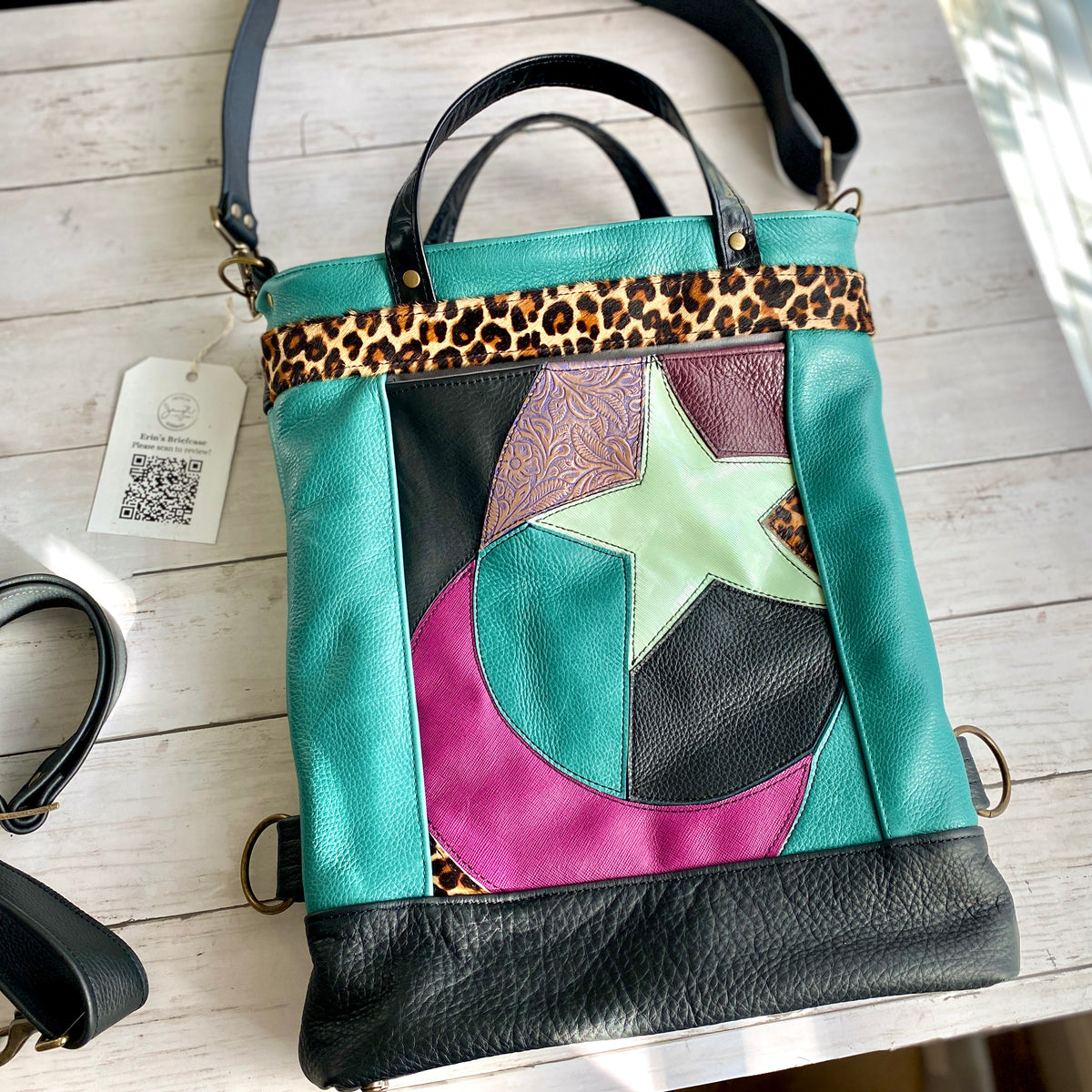 Briefcase in Turquoise, Onyx, Patchwork, Backpack Upgrade – Jenny N. Design